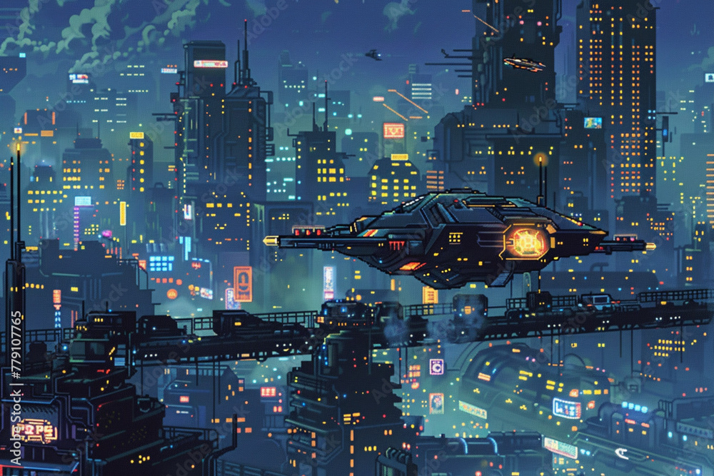 2d pixel art of flying cyberpunk vehicle at night ,cyberpunk city at ...