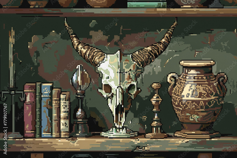 2d pixel art of medieval vase , books and bull skull on the shelf, game ...