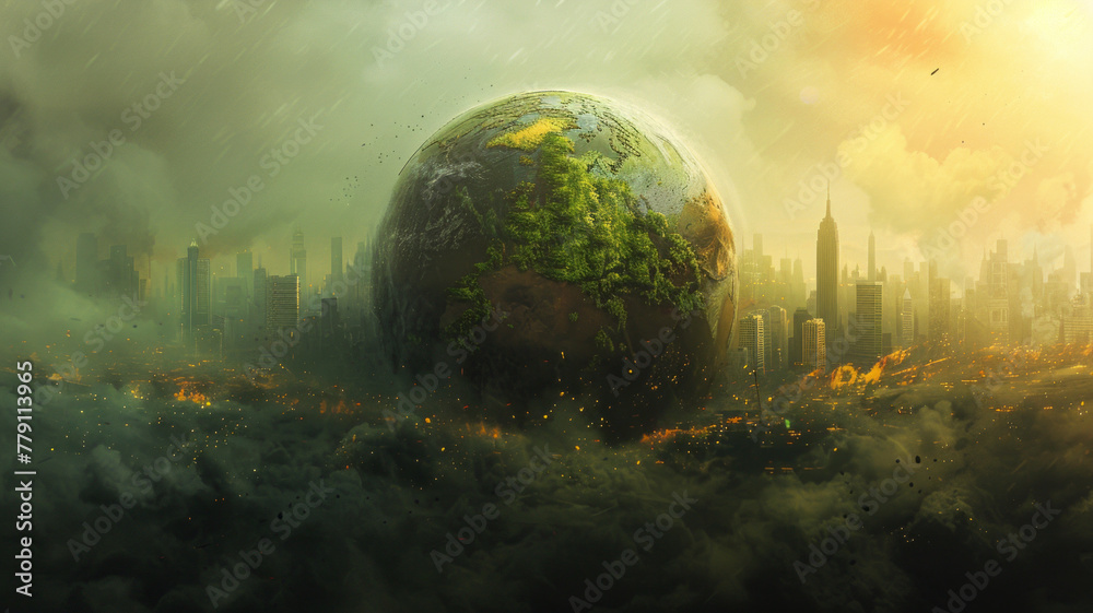 Comprehensive global warming image portrays causes, impacts, mitigation strategies, individual ...