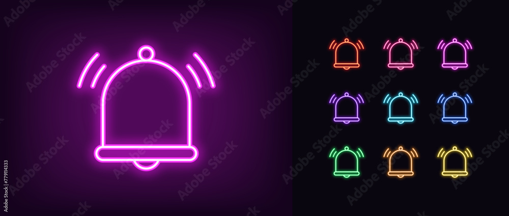 Outline neon ringing bell icon set. Glowing neon bell sign with sound ...