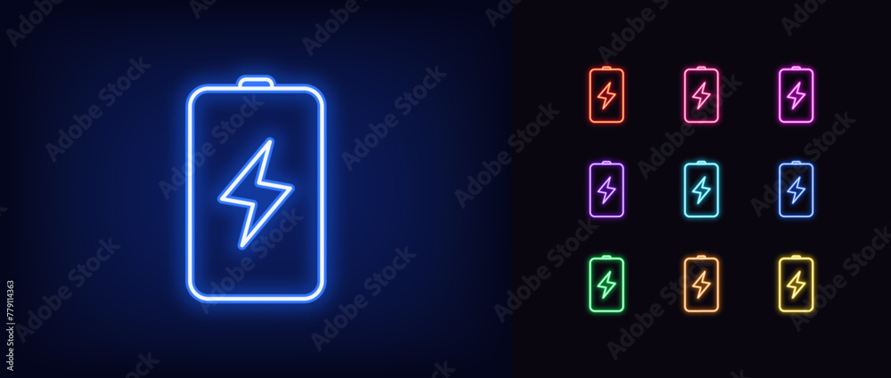 Outline neon battery icon set. Glowing neon battery sign with electric ...