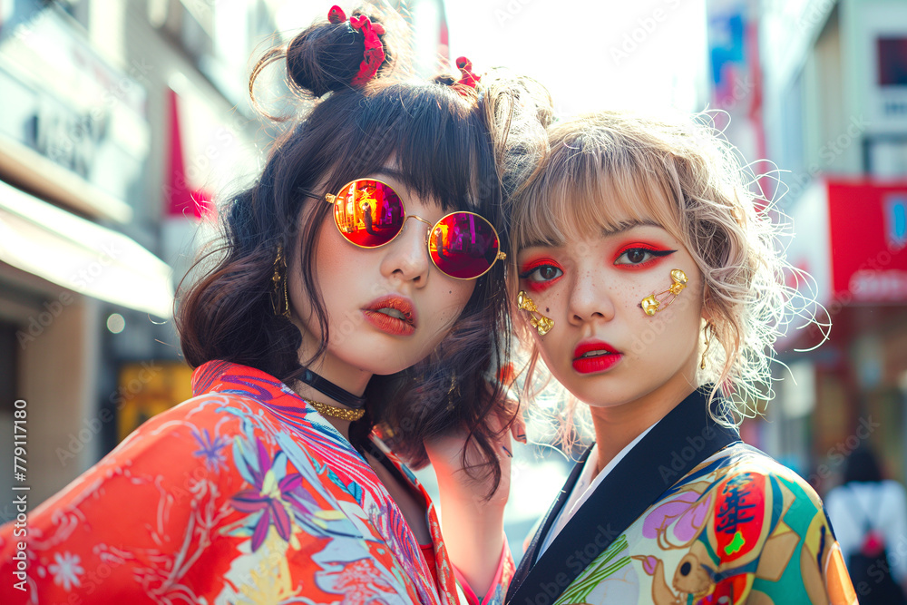 Fashionable Japanese girls posing in Harajuku, Tokyo, in striking and ...