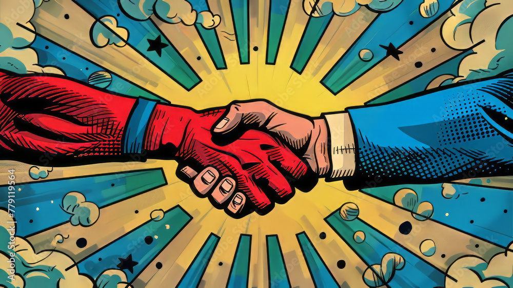 vector illustration handshake in the style of American comics ...