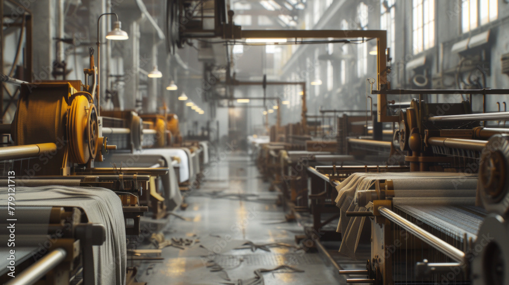 A bustling textile manufacturing plant with weaving machines and dye ...