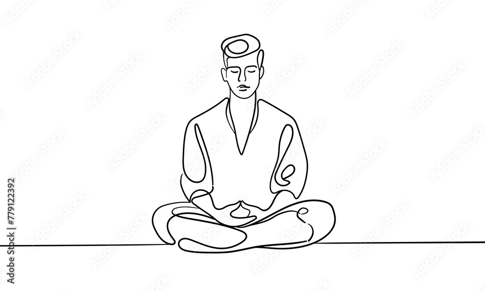 Guy sitting in meditation continuous line art drawing isolated on white ...
