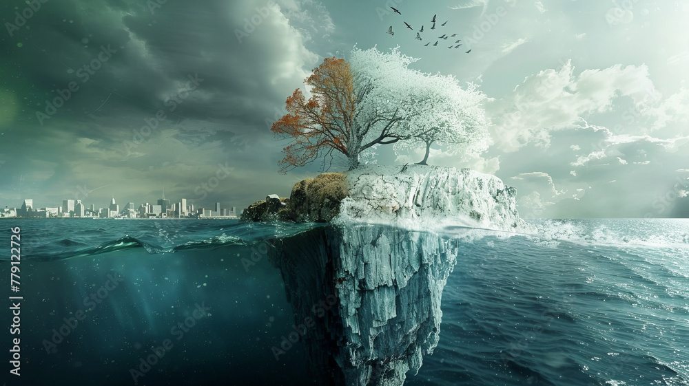 Comprehensive global warming image portrays causes, impacts, mitigation strategies, individual ...