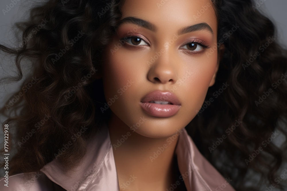 a realistic photo of a close-up of a biracial model with freckles ...