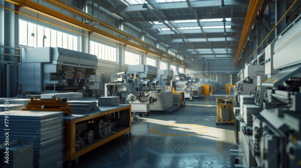 A modern plastic molding factory with molding machines and molds ...