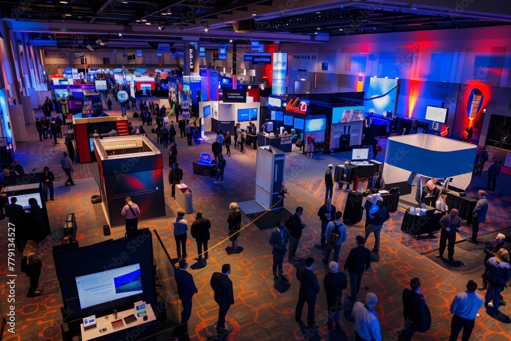 The exhibition area of a B2B conference, with vendor booths, displays ...