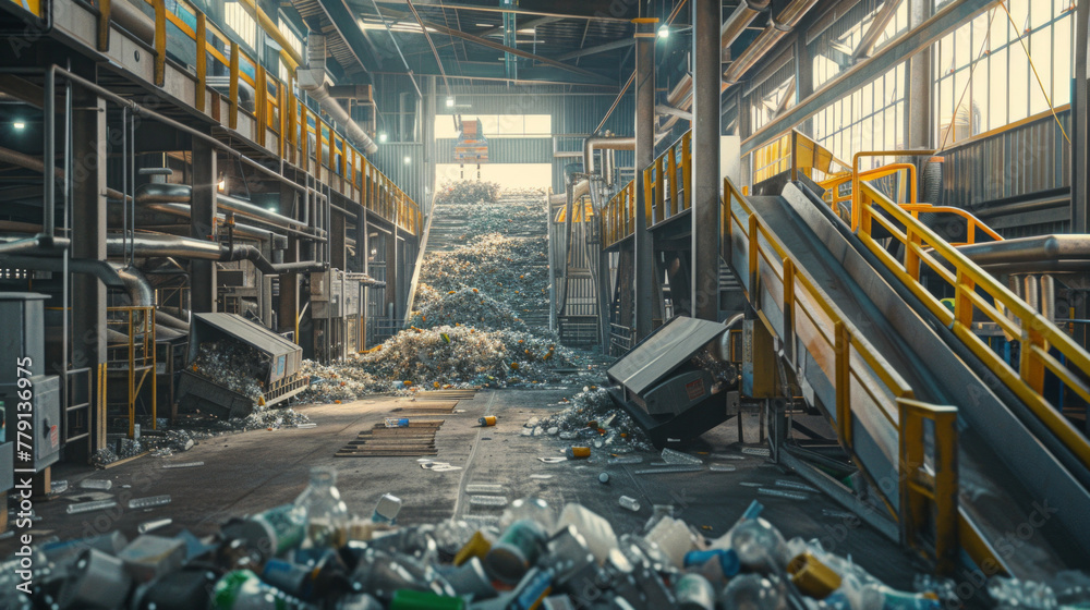 A modern plastic recycling plant with sorting machines and shredders ...