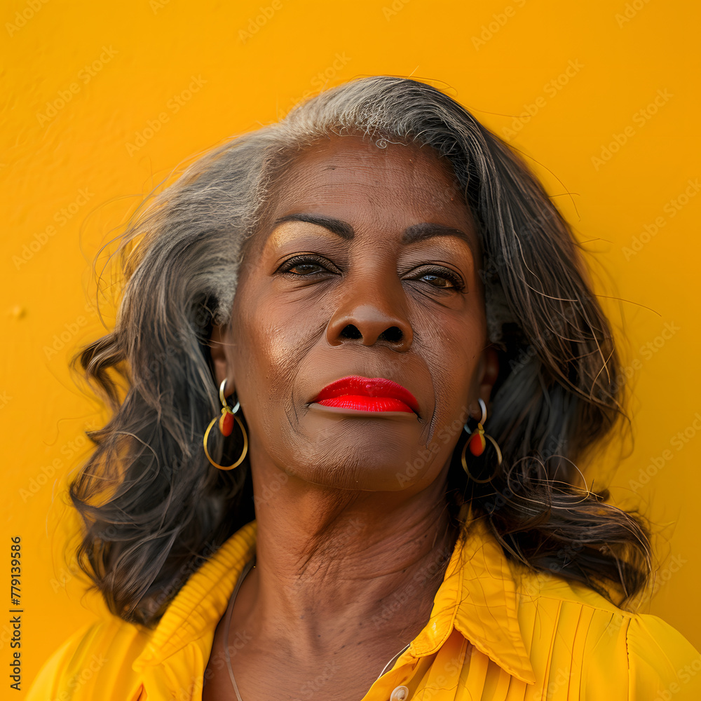 Portrait of a 60-year-old black woman on a yellow background. Beauty ...
