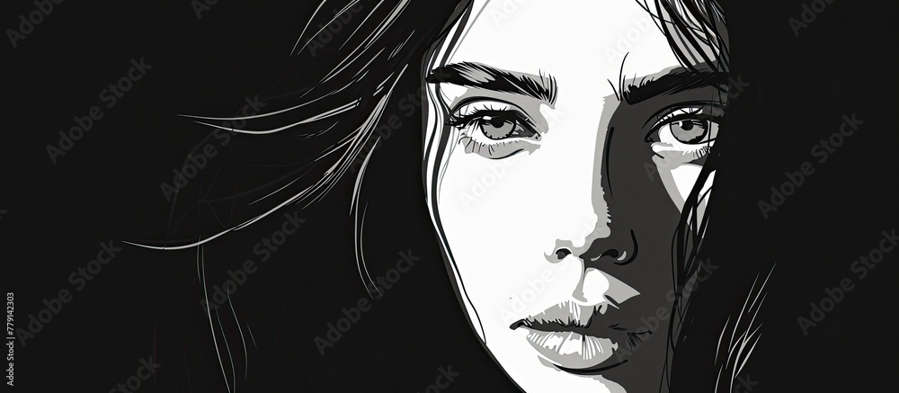 A monochrome drawing of a womans face with long black hair, featuring ...