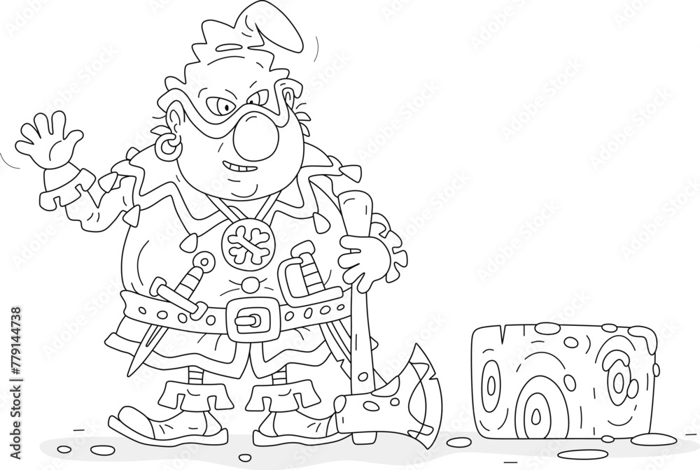 Angry executioner with a wicked grin and a bloody ax near an execution ...