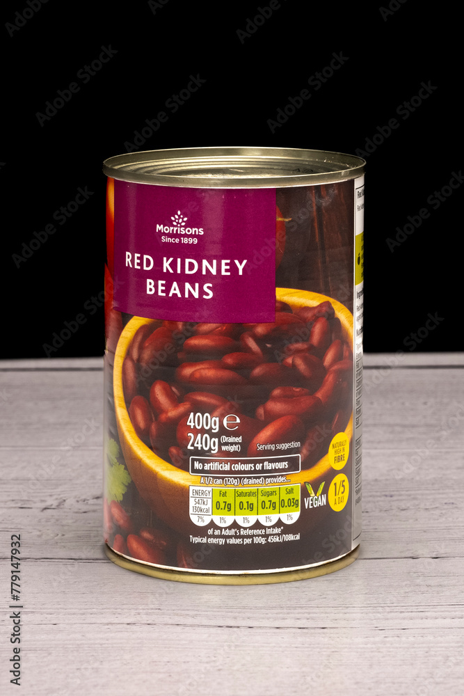Irvine, Scotland, UK - March 26, 2024: Morrisons branded tin of red kidney beans in a recyclable ...