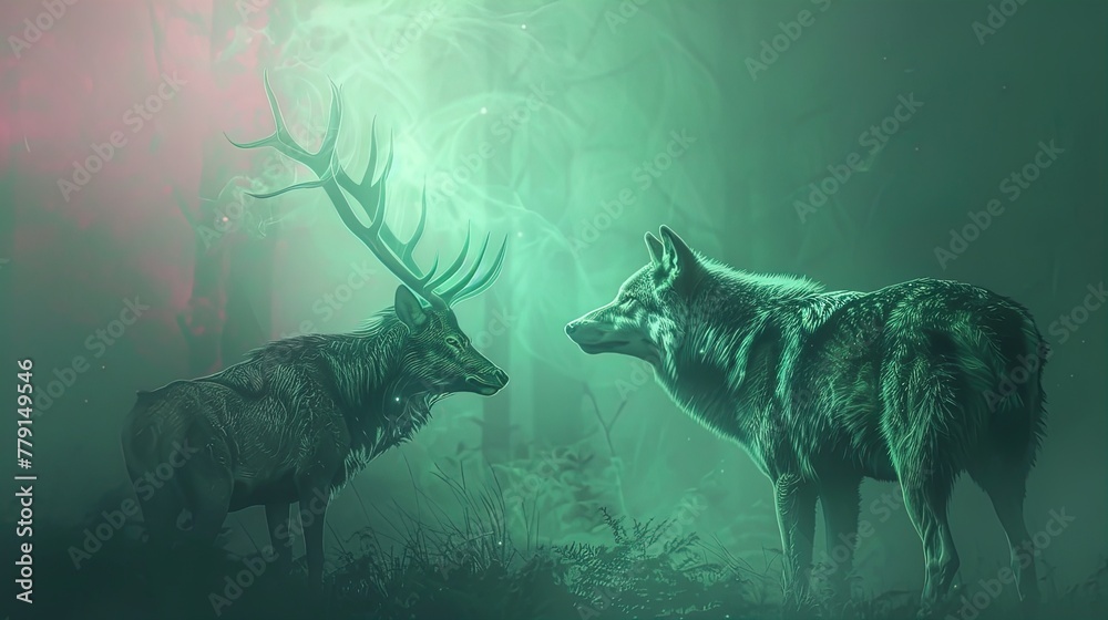 Mystic Encounter: Ethereal Stag Meets Wolf in Misty Dreamscape. Stock ...