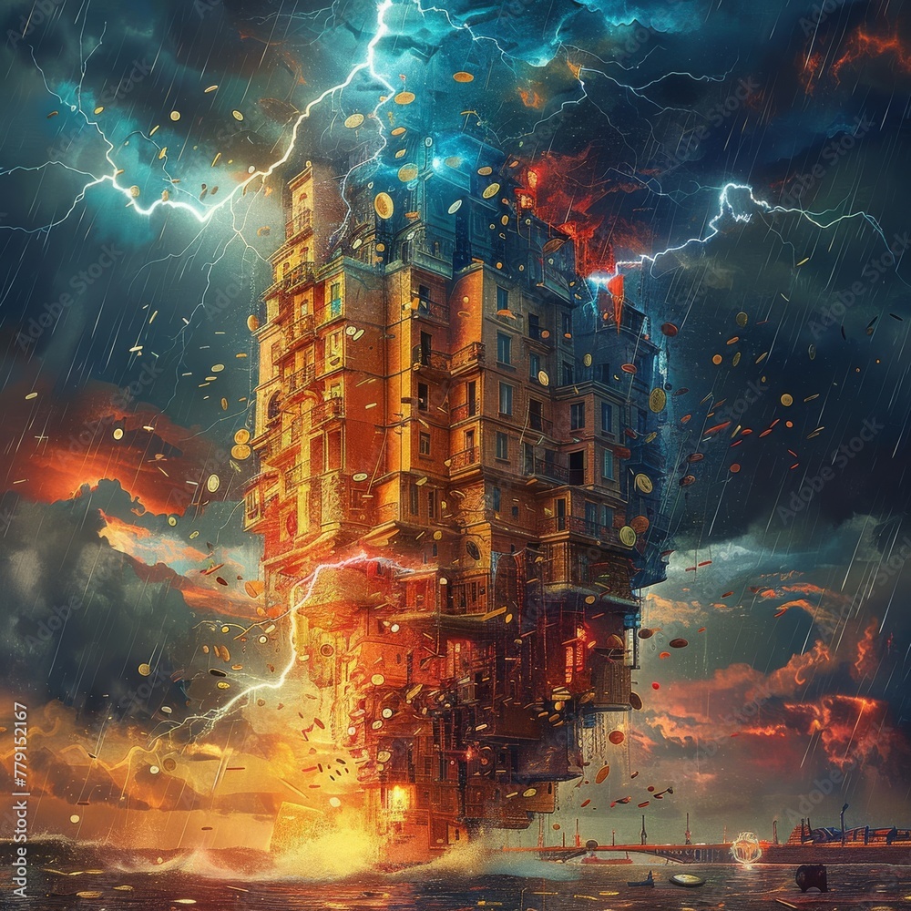 Apocalyptic Vision of a Building in a Thunderstorm, A Striking Digital ...