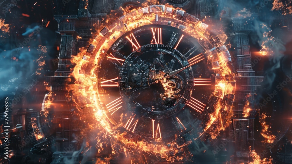 Fiery explosion surrounding a vintage clock face - A blazing inferno ...
