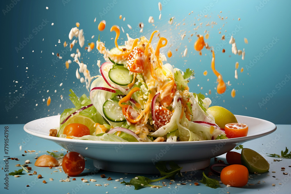 Dynamic salad explosion with flying ingredients, fresh lettuce ...