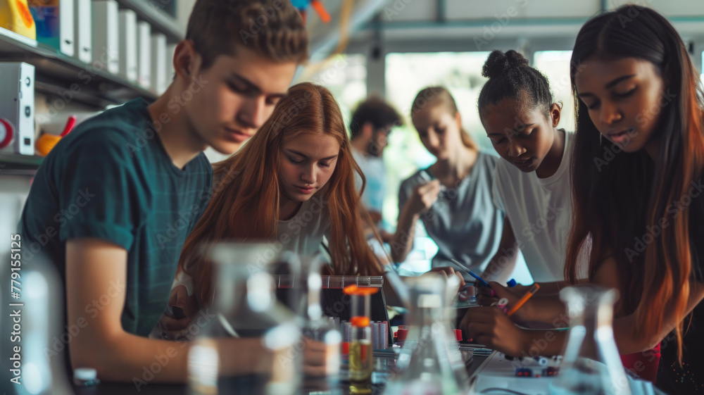 Students working on a project in a science lab - Group of focused ...