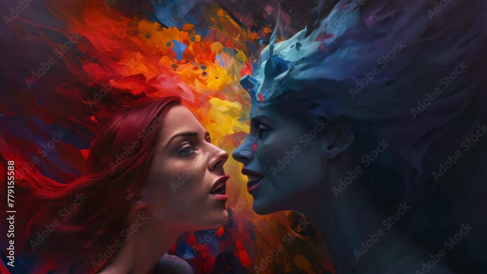 Vidéo Stock A captivating painting featuring two women standing face to ...