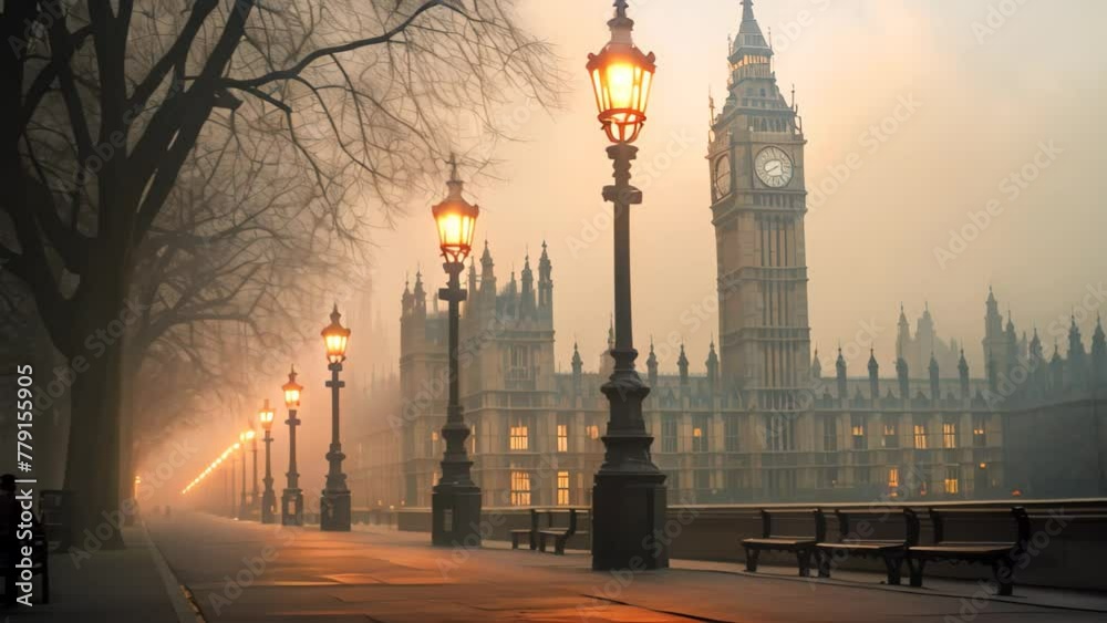 An atmospheric photograph of a foggy street with a striking clock tower ...