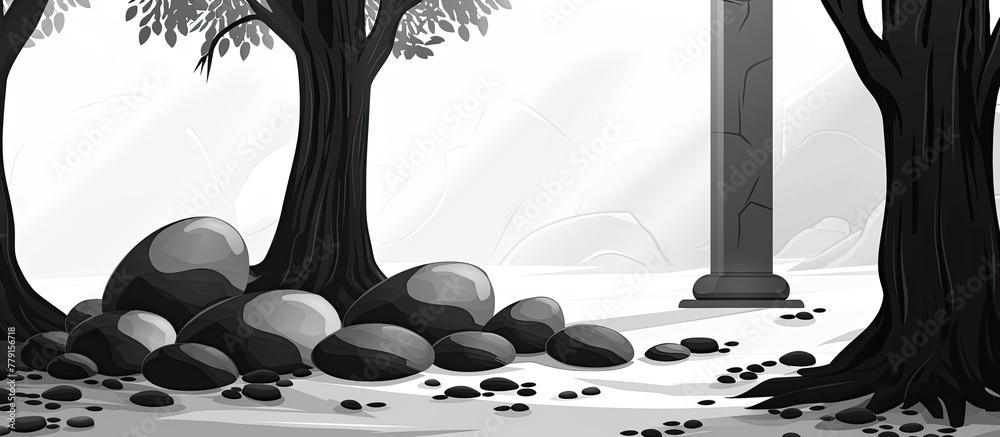 A monochrome drawing of a calm forest with liquidlike trees, rocks, and ...