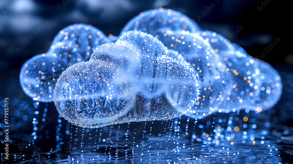 Sparkling particles pour from a cloudy form, resembling a night sky ...