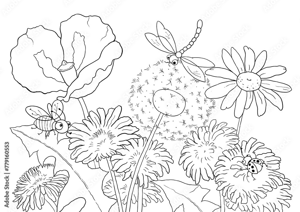 Flowers and insects. Coloring page. Illustration for children. Cute and ...