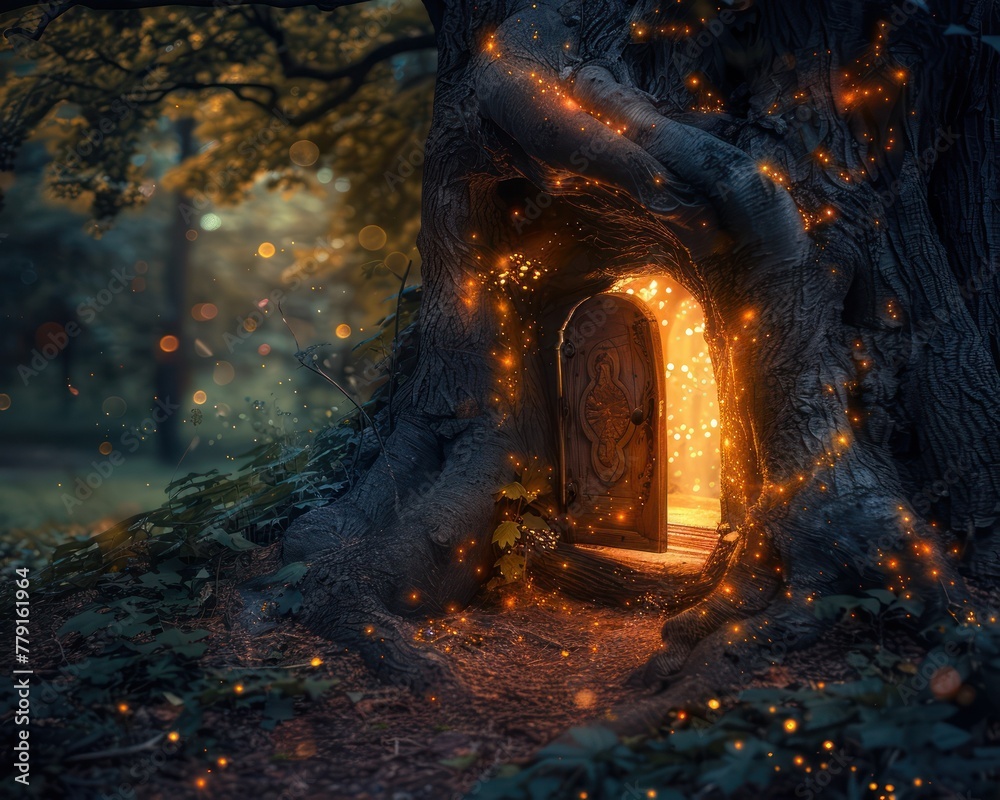 Photograph a hidden door carved into an ancient tree trunk, subtly lit ...