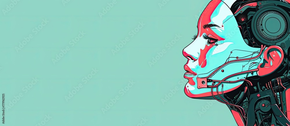 A drawing of a robots face wearing headphones, depicted in electric ...