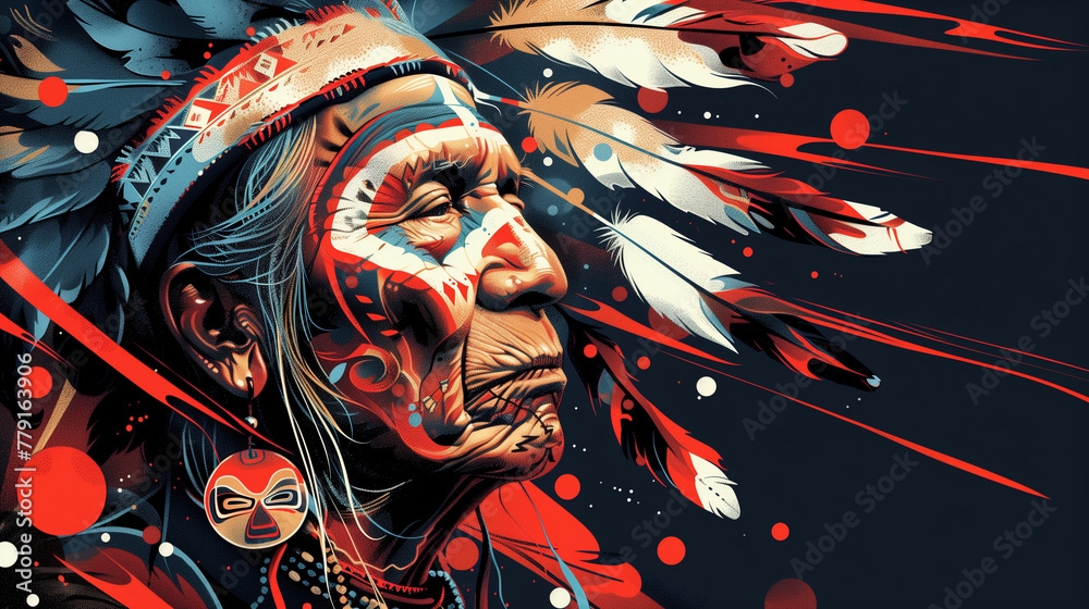 Artistic portrayal of Indigenous person with vibrant headdress and face ...