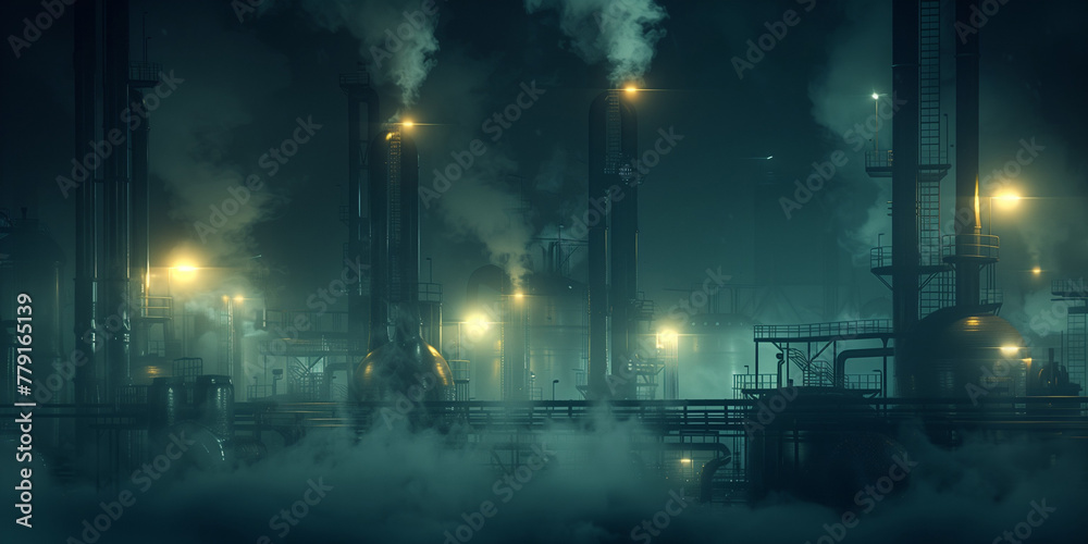 Night factory concept poster background. Night plant with pipes and ...