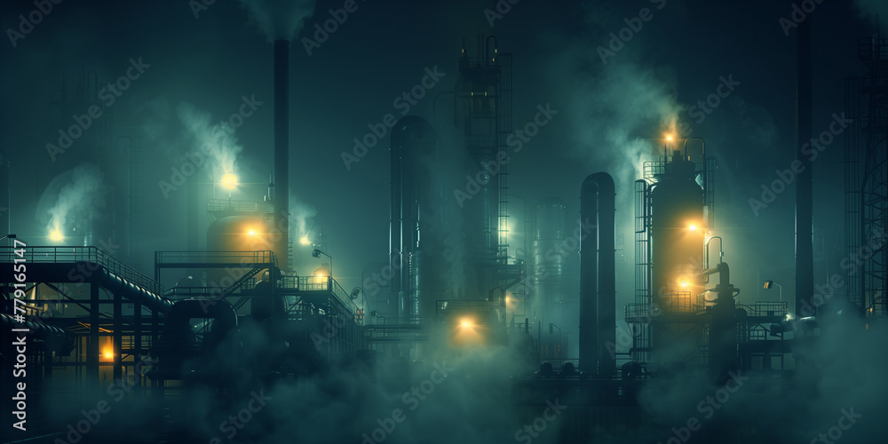 Night factory concept poster background. Night plant with pipes and ...