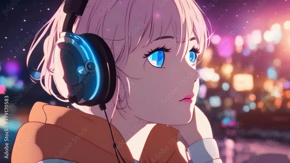 Lofi animation 3d cartoon character girl listening to music in ...