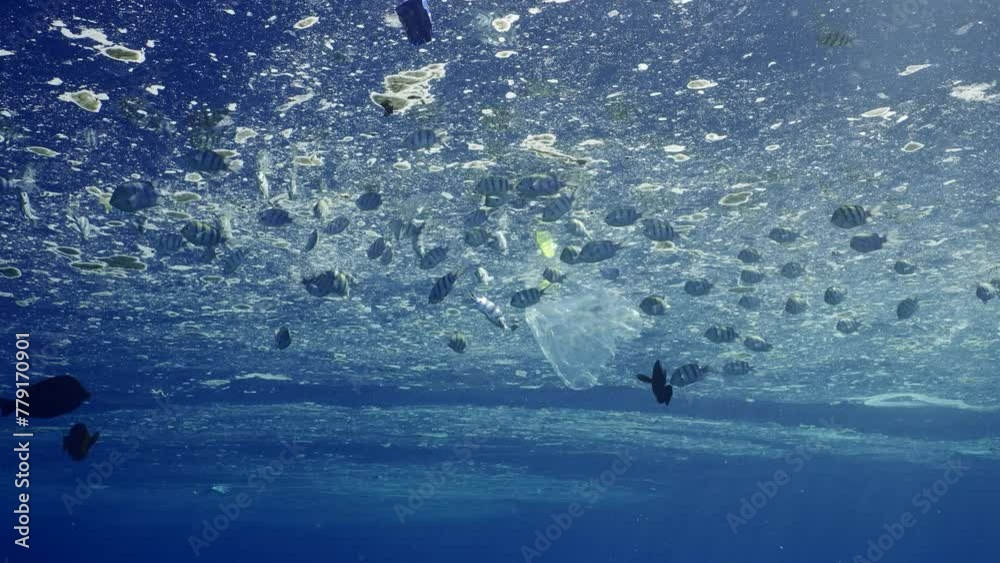 Shoal of tropical fish eats on surface of polluted water in fatty layer ...