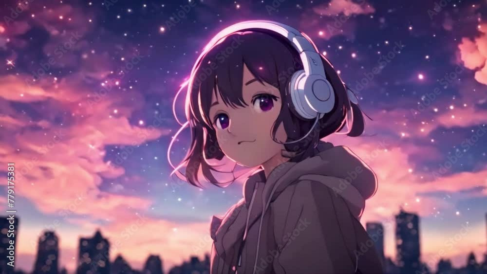 Lofi animation 3d cartoon character girl listening to music in ...