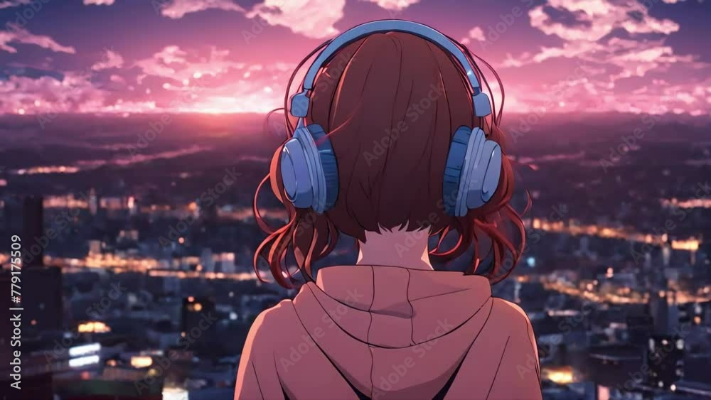 Lofi animation 3d cartoon character girl listening to music in ...