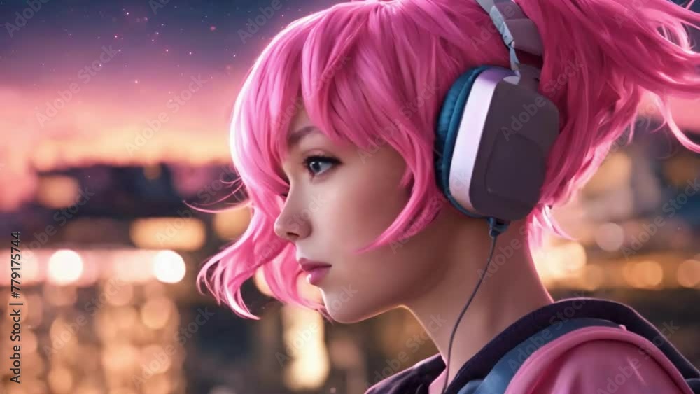 Lofi animation 3d cartoon character girl listening to music in ...