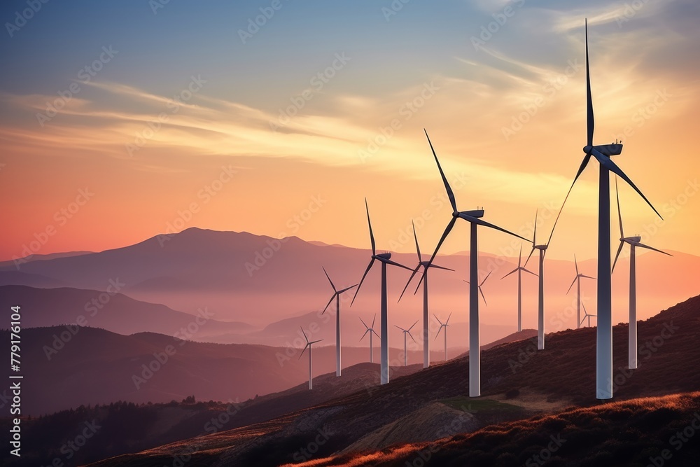 Wind Turbines Glowing at Twilight. The last light of day casts a warm ...