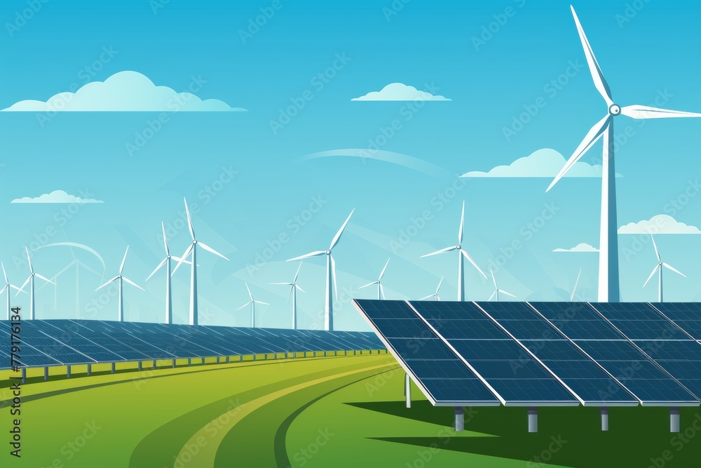 Clean Energy Landscape with Wind and Solar Power. Illustration of a ...