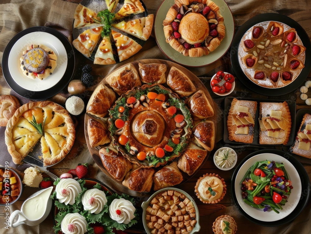 top view, a mouthwatering array of tasty and yummy pastries and dishes ...