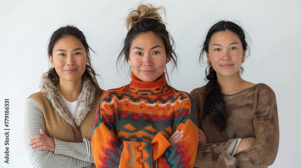 Three Indigenous women in traditional clothing smiling confidently ...