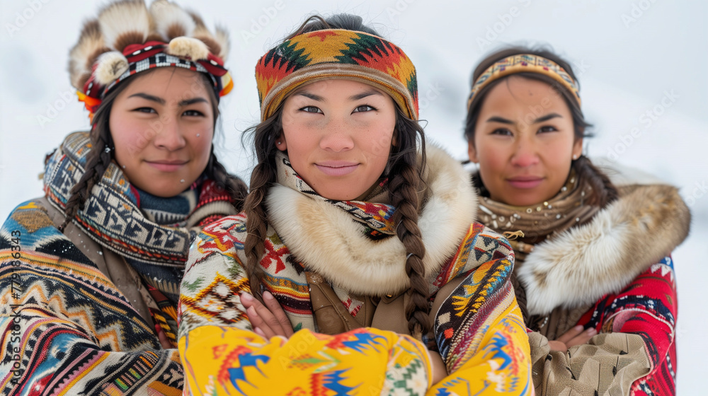 Three Indigenous women in traditional clothing smiling confidently ...