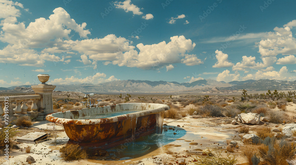 Opulent water wastage in a desert setting, juxtaposition of scarcity ...