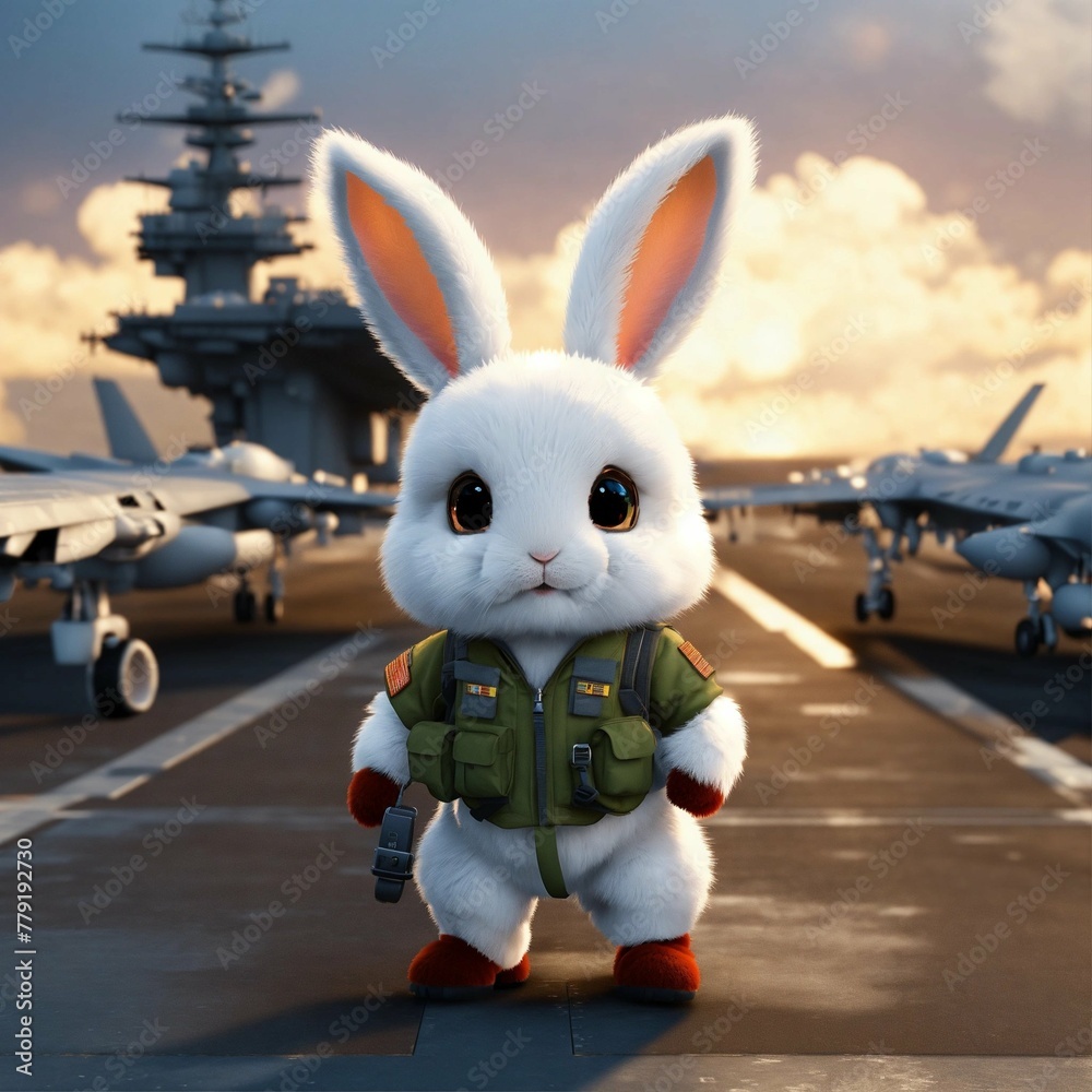 A cute fluffy rabbit pilot walking on a military aircraft carrier ...