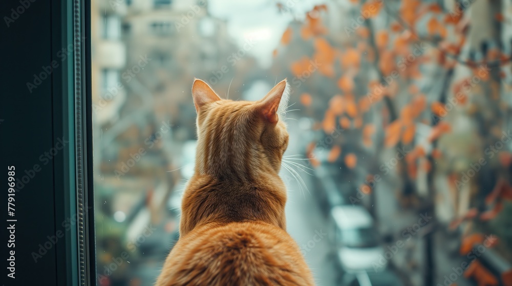 Portrait of a Cat looking out a Window Watching the Street, Rainy Day ...