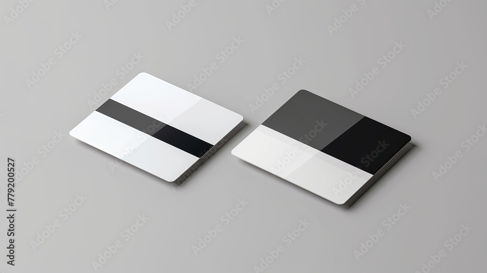 A realistic 3D set of blank, empty credit cards in black and white ...