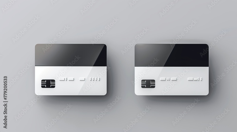 A realistic 3D set of blank, empty credit cards in black and white ...