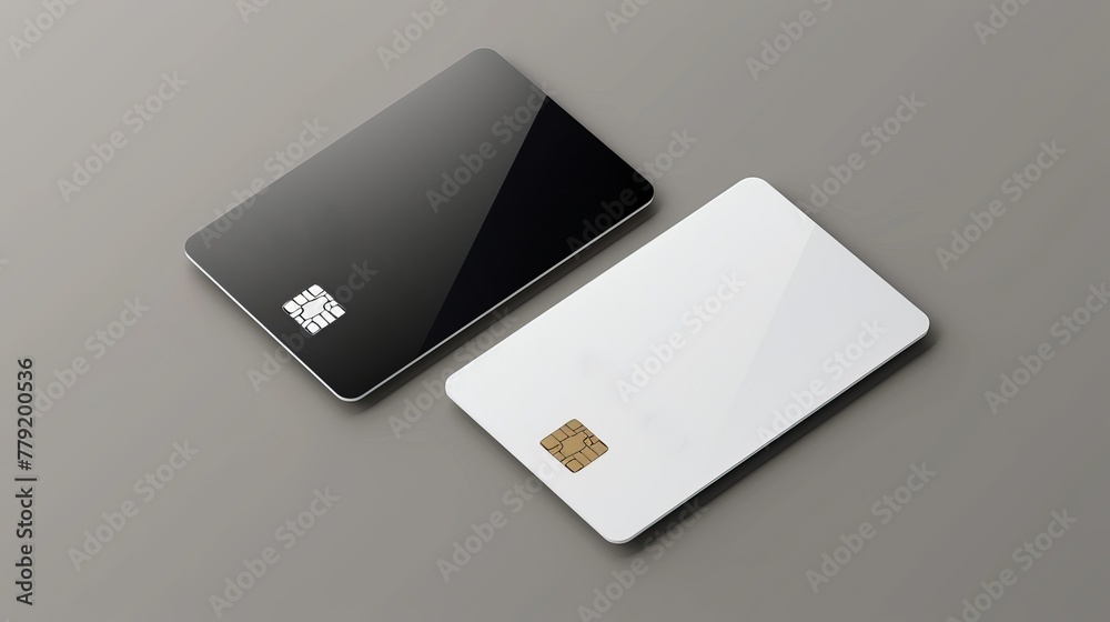 A realistic 3D set of blank, empty credit cards in black and white ...
