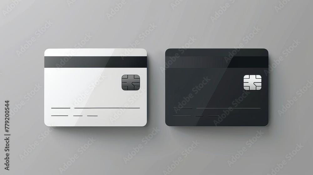 A realistic 3D set of blank, empty credit cards in black and white ...